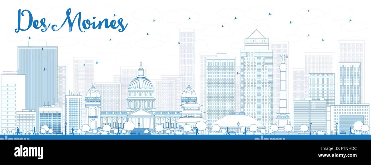Outline Des Moines Skyline with Blue Buildings. Vector Illustration ...