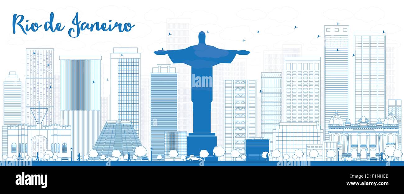 Outline Rio de Janeiro skyline with blue buildings. Vector illustration ...