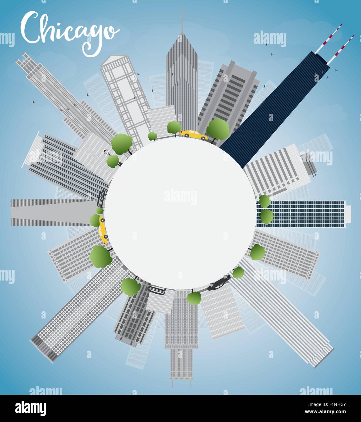 Chicago city skyline with grey skyscrapers, blue sky and copy space ...