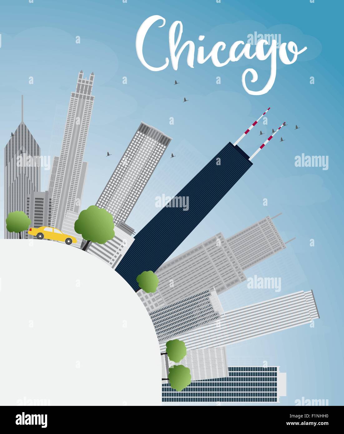 Chicago city skyline with grey skyscrapers, blue sky and copy space ...