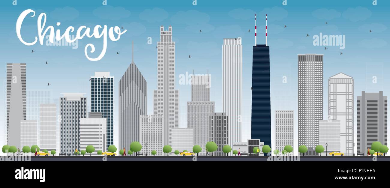 Chicago city skyline with grey skyscrapers and blue sky. Vector ...