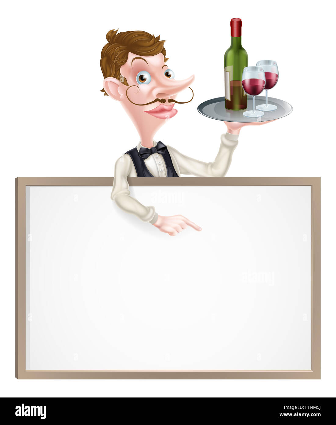 Cartoon waiter holding wine bottle and glasses above a sign or wine ...