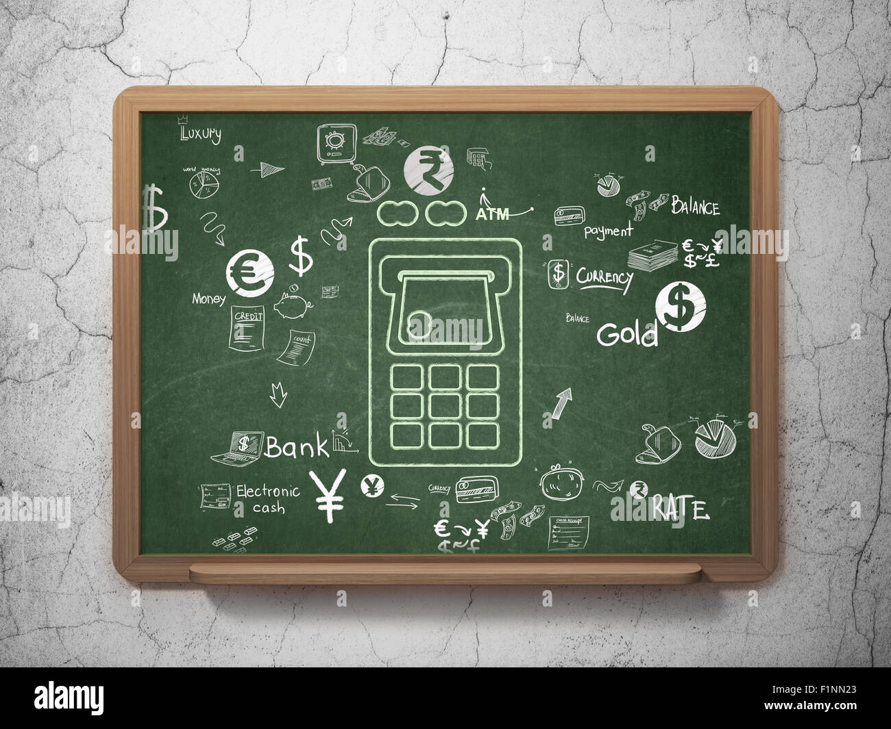 Currency concept: ATM Machine on School Board background Stock Photo ...