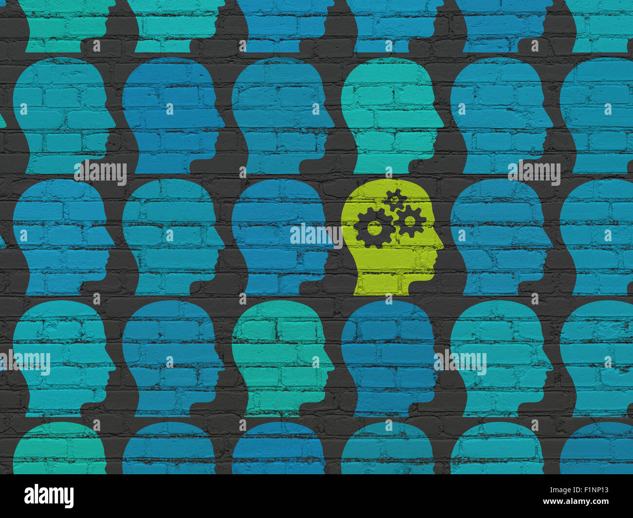 Finance concept: head with gears icon on wall background Stock Photo ...