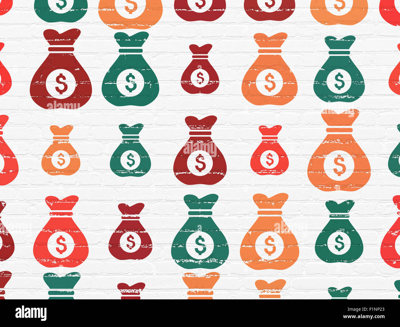 Business concept: Money Bag icons on wall background Stock Photo - Alamy