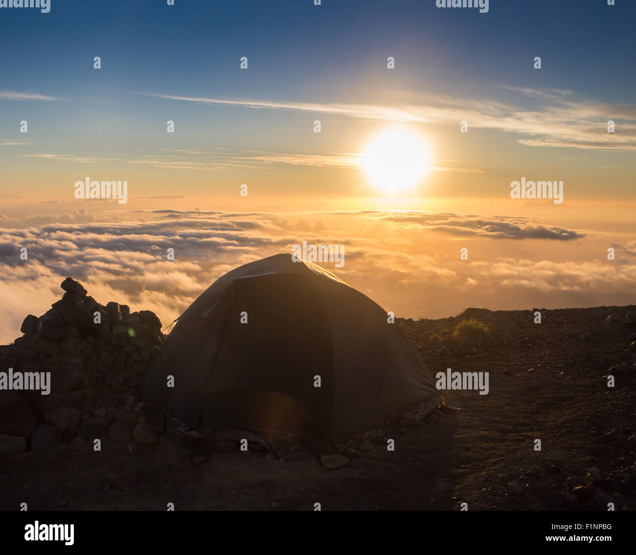 Tourist stand near tent Stock Photo - Alamy