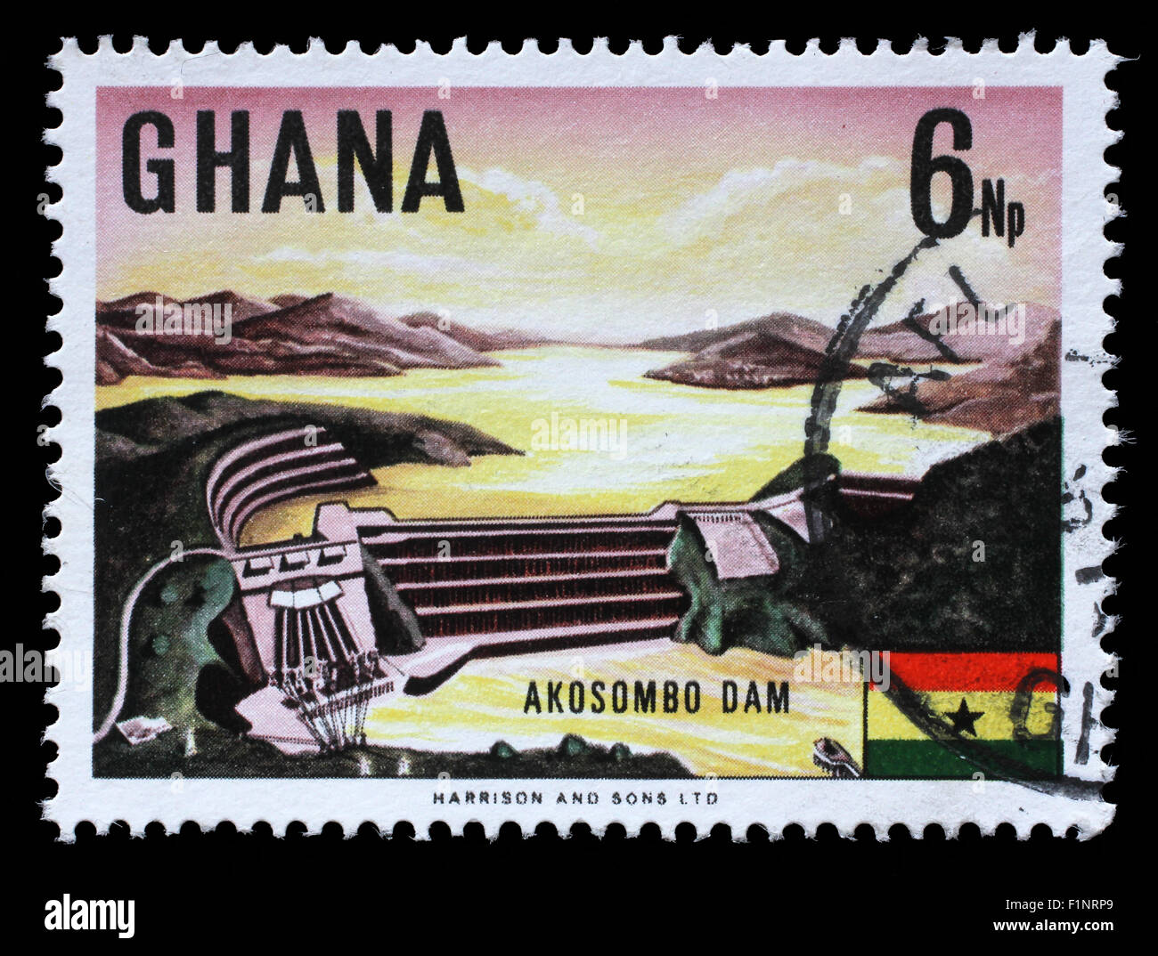 Stamp printed in Ghana shows Volta River dam and electric power station ...