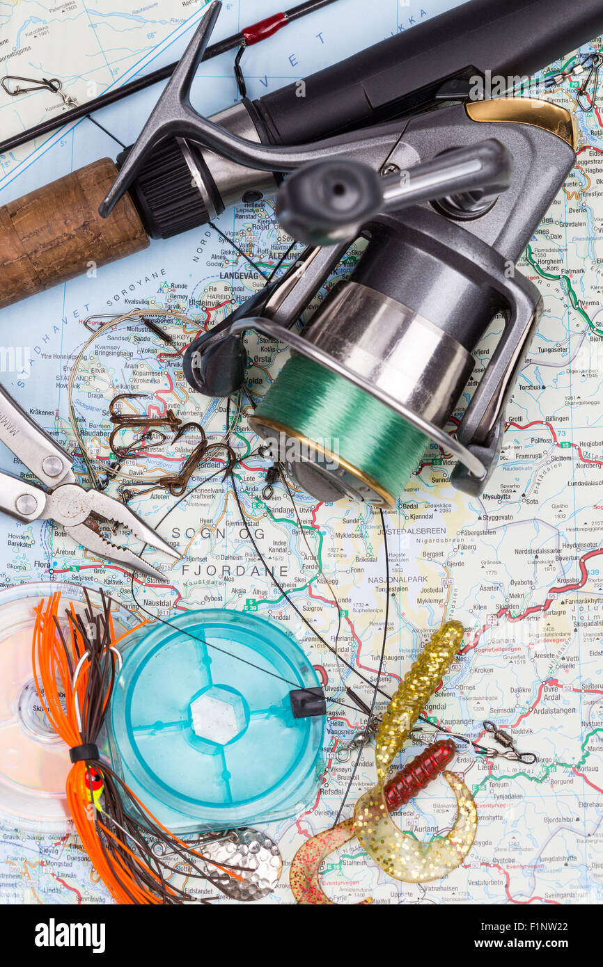 fishing tackles - rod, reel, line and lure on norway map background ...