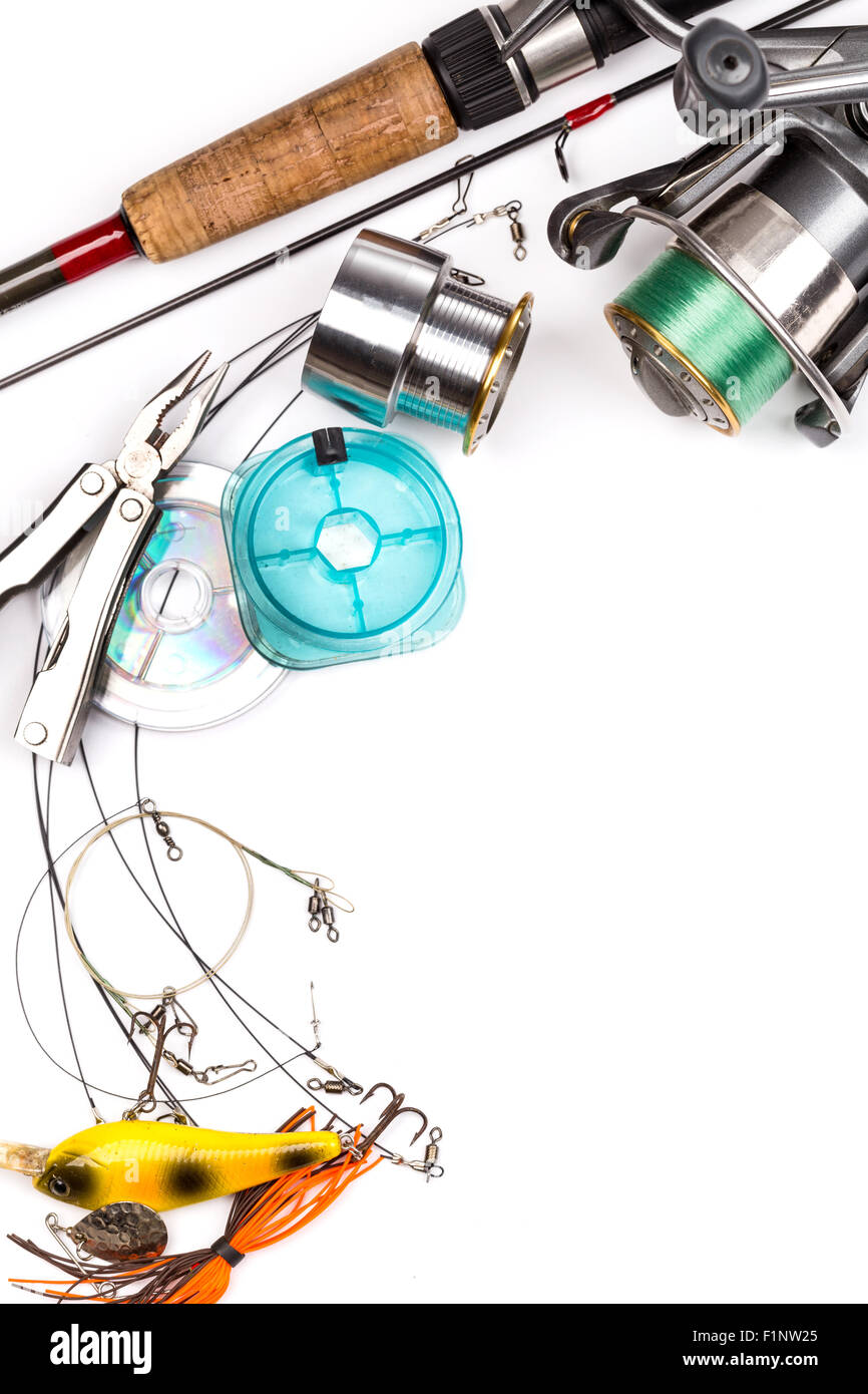 top different fishing tackles - rod, reel, line and lures on white ...