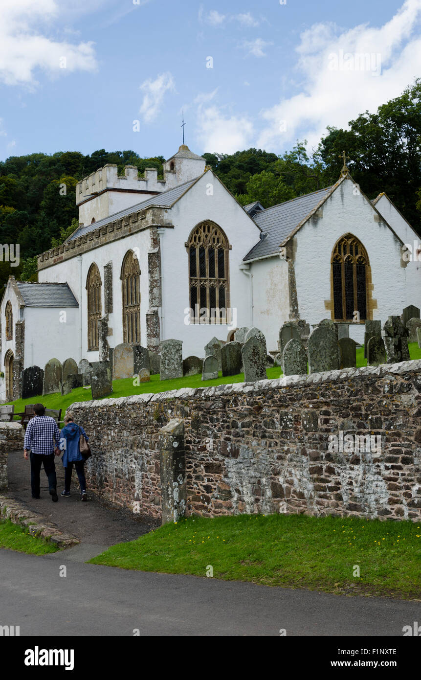 Whitewashed 15th-century Church of All Saints, Selworthy, Exmoor ...