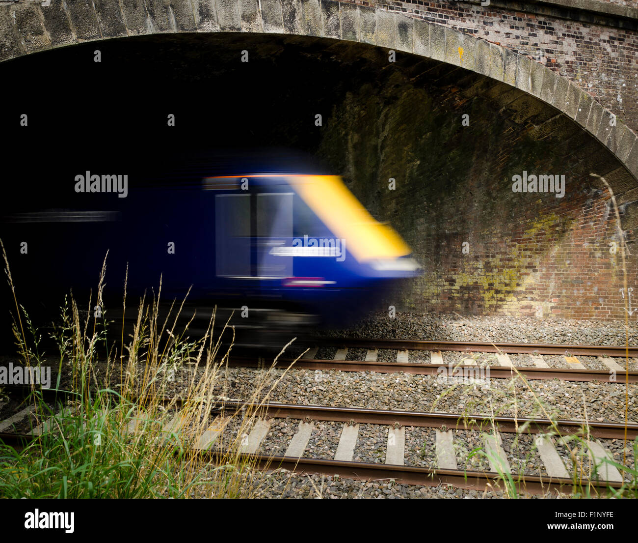 UK train travelling under road bridge Stock Photo - Alamy