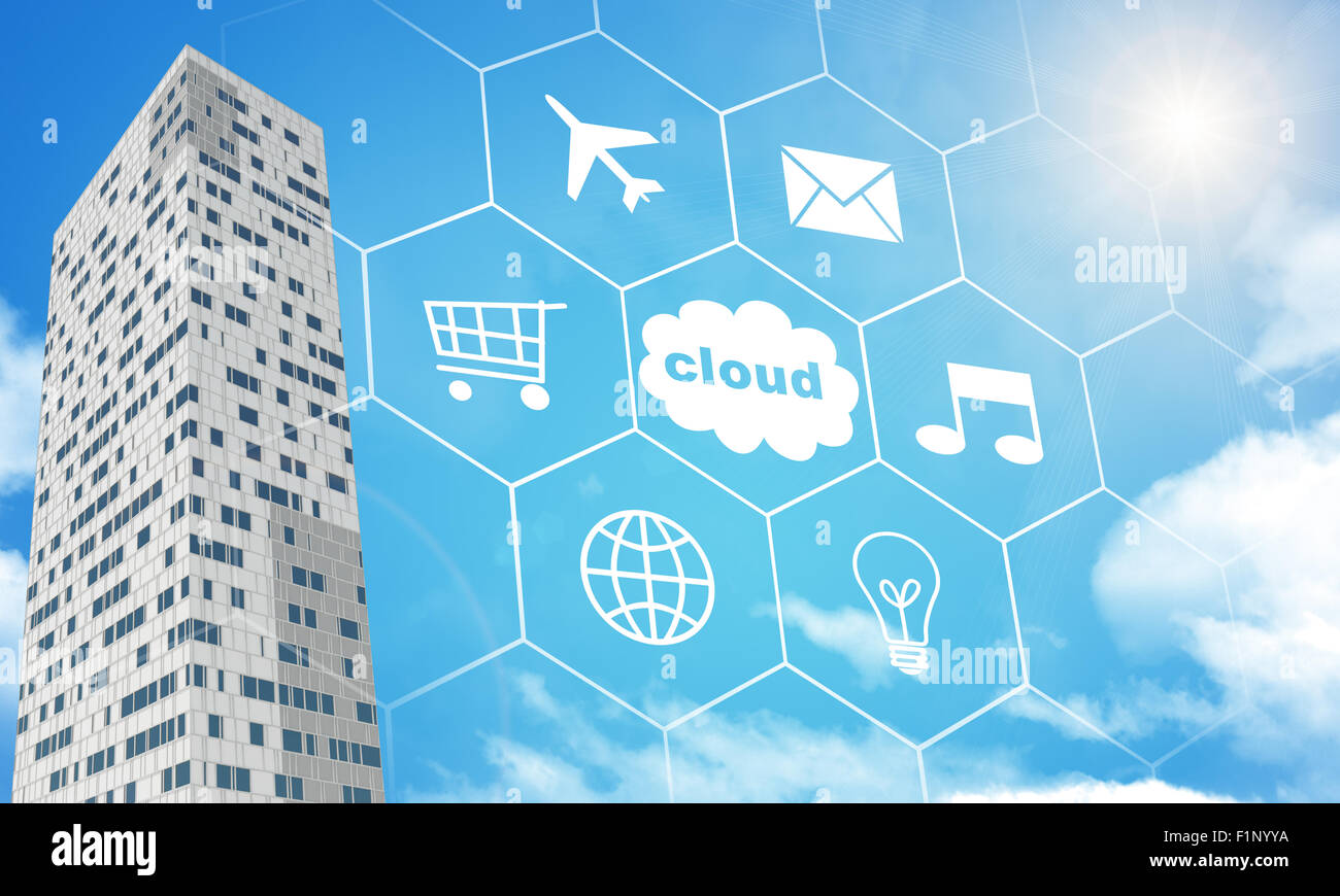 Skyscraper with iconso on sky Stock Photo - Alamy