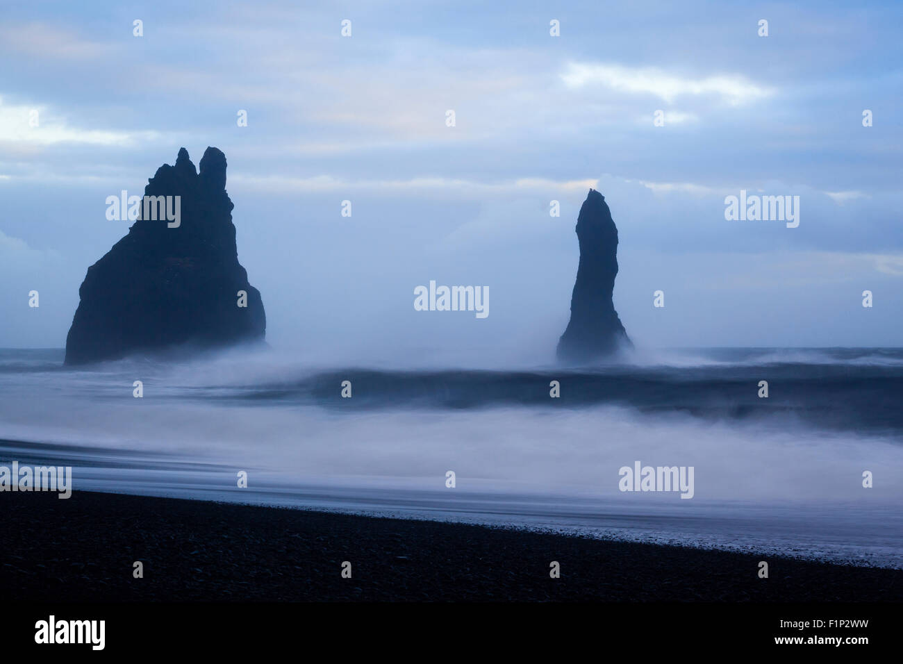 Sea stacks at Reynisdrangar at dusk. Vik. Iceland Stock Photo - Alamy