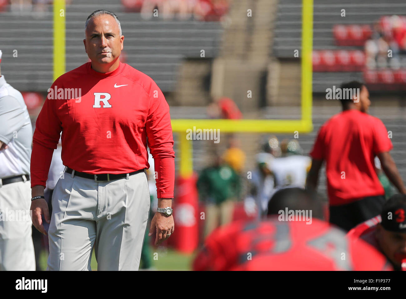 September 5, 2015: Rutgers head coach Kyle Flood watches his team warm ...
