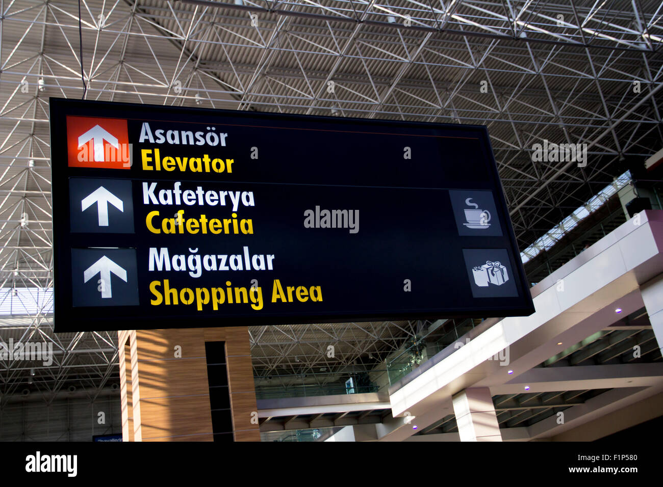 airport sign of cafeteria, elevator, shopping Stock Photo - Alamy