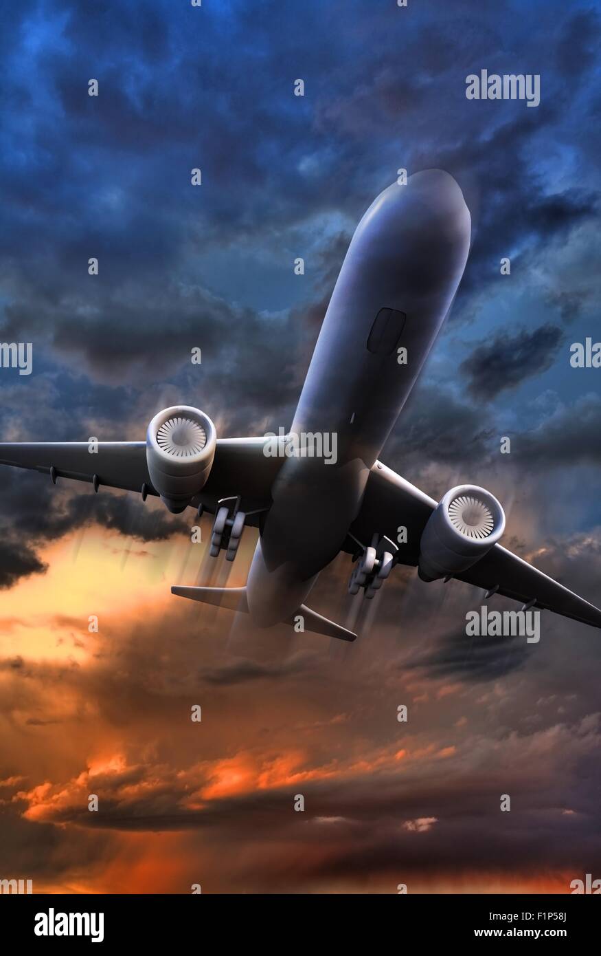 Airliner Take Off Illustration. 3D Render Jet Plane Take Off ...