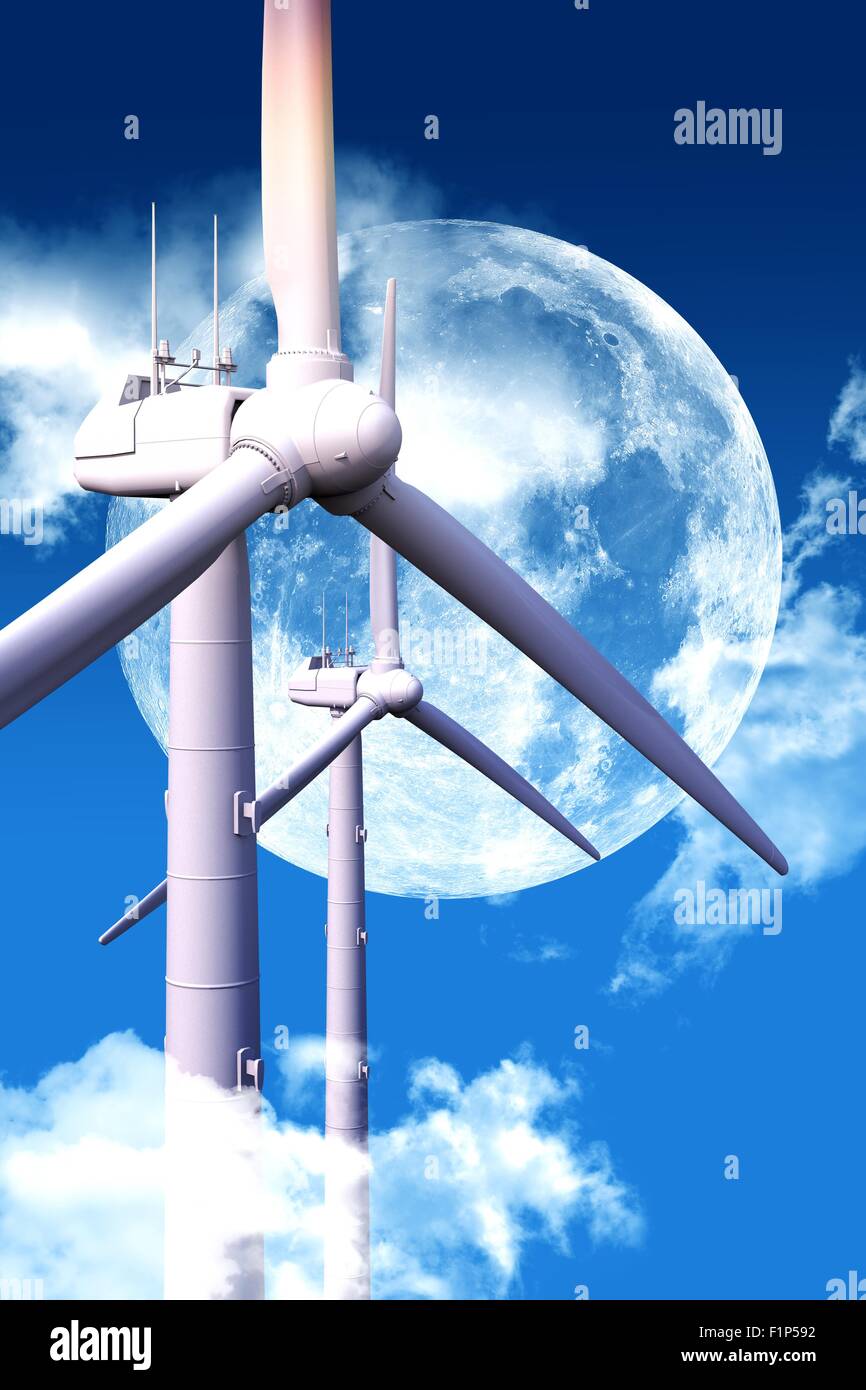 Wind Energy at Night. Cool Night Sky with Huge Moon and Two Modern Wind ...