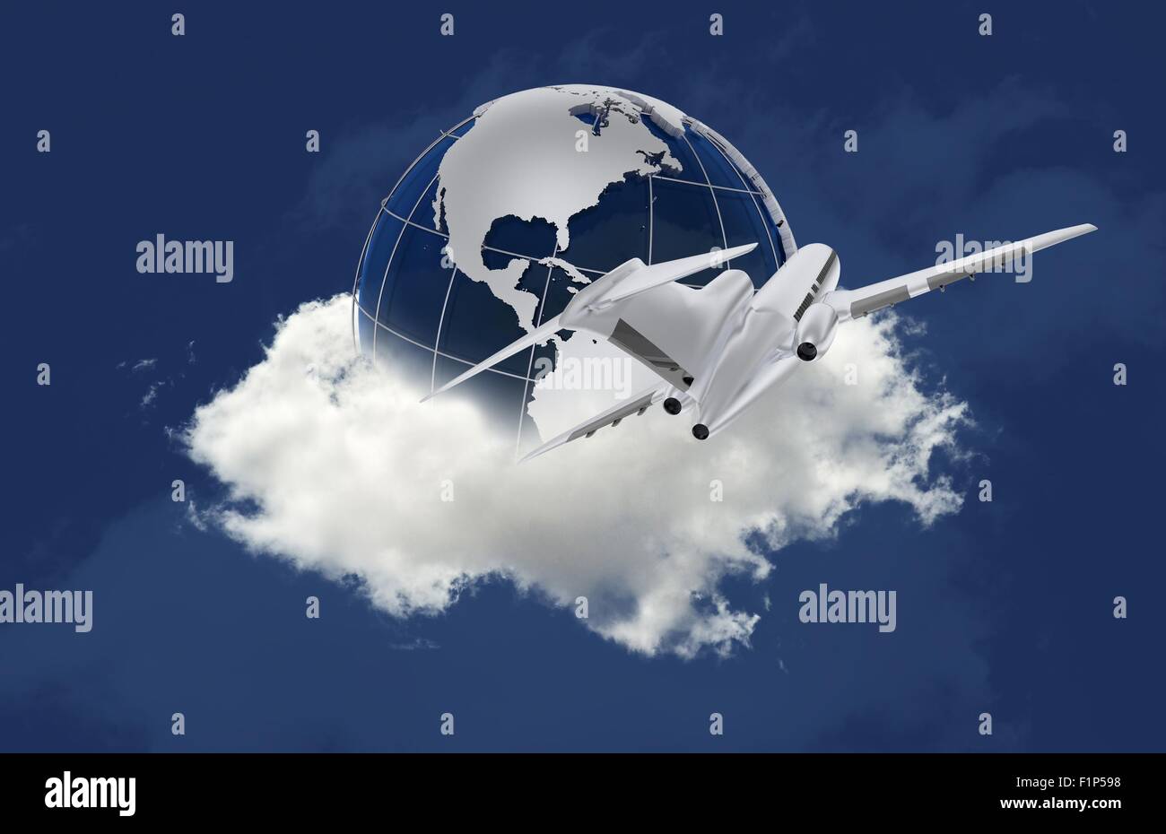 Traveling Around the World. Globe on the Cloud and Passanger Aircraft ...