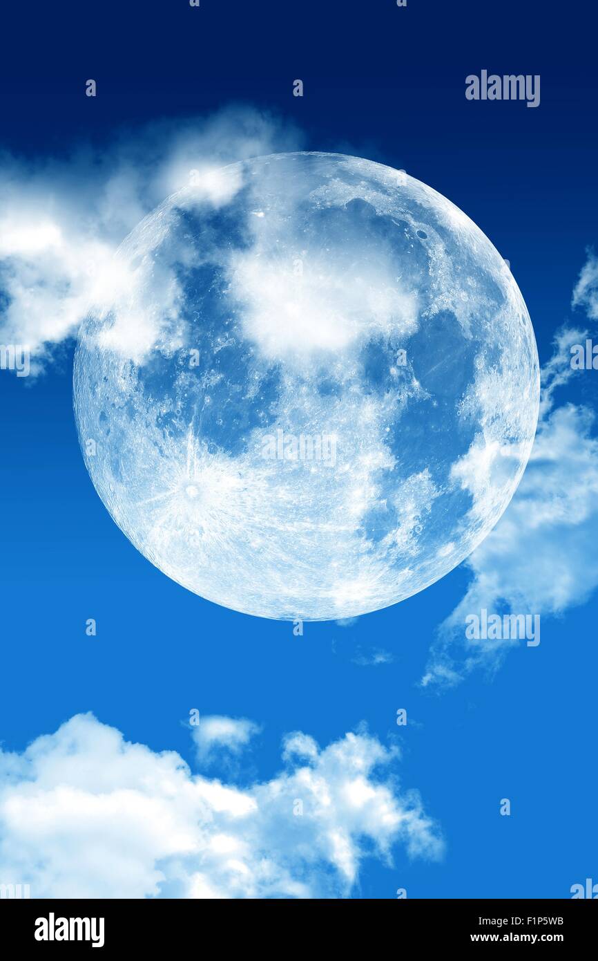 Cloudy Blue Sky and Large Moon Vertical Illustration. Abstract Design ...