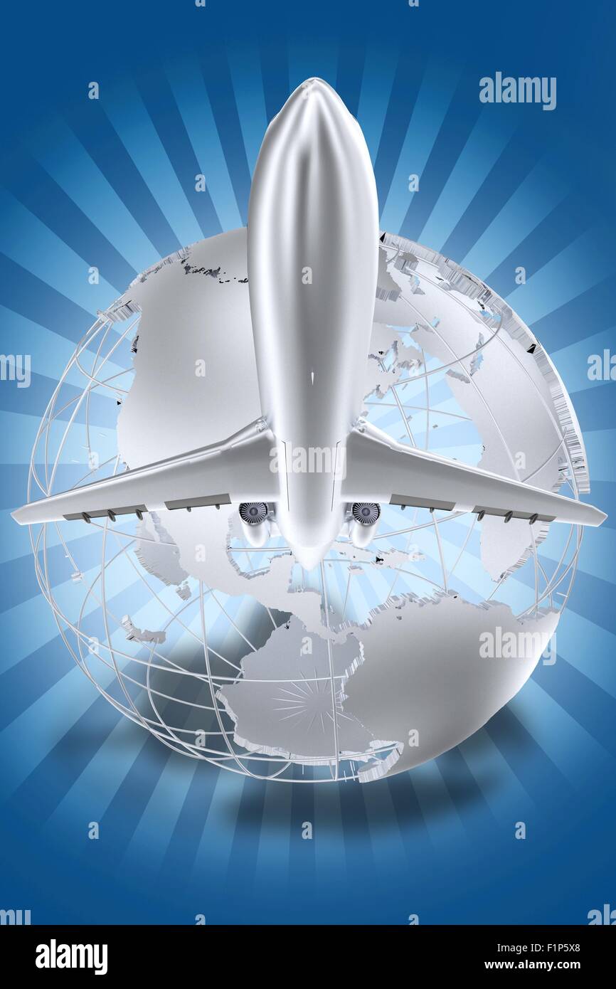 Airlines Theme. SShiny Silver Globe with Flying Airplane Logo/Symbol ...