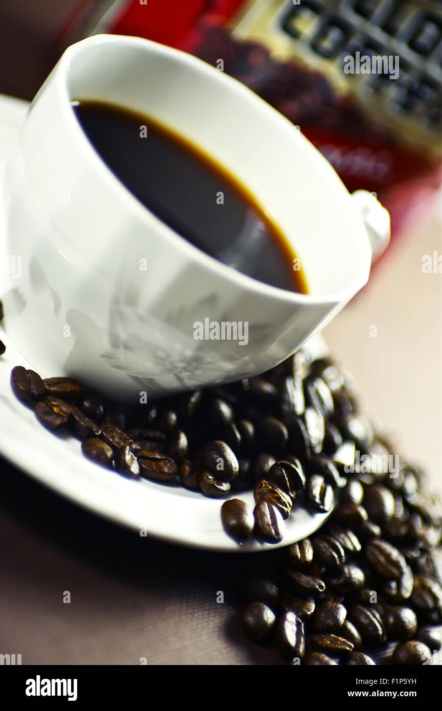 Coffee Break. Hot Coffee Cup and Coffee Beans. Restaurant Interior ...