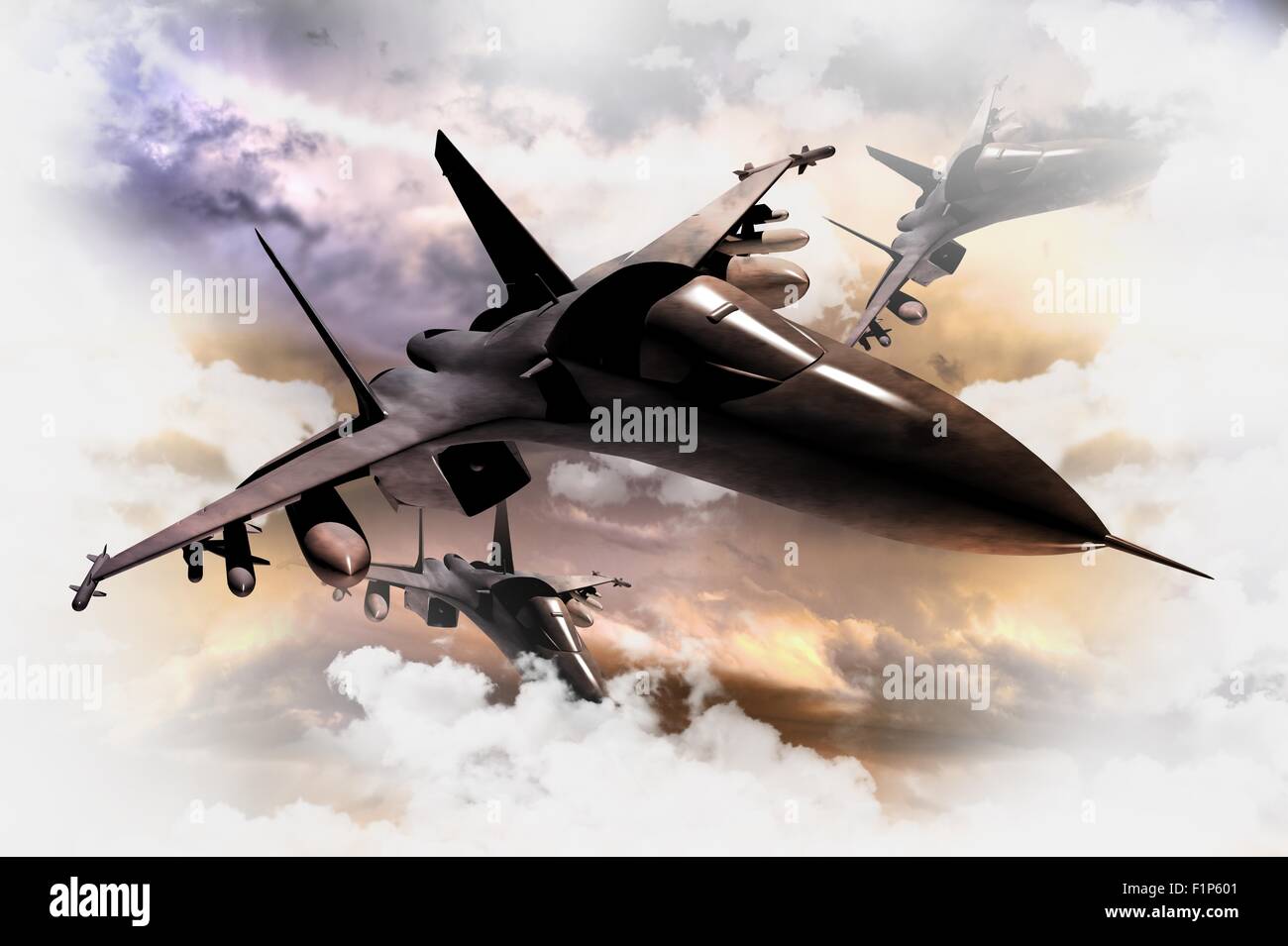 Tree Air Force Fighter Jets in Action 3D Render Illustration. Fighter ...