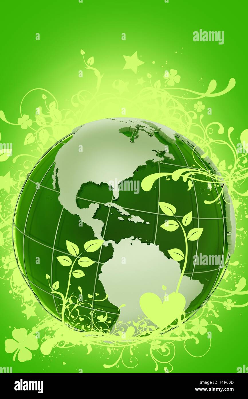 Green Floral Globe - Ecology Theme. Cool Green 3D Rendered Globe (West ...