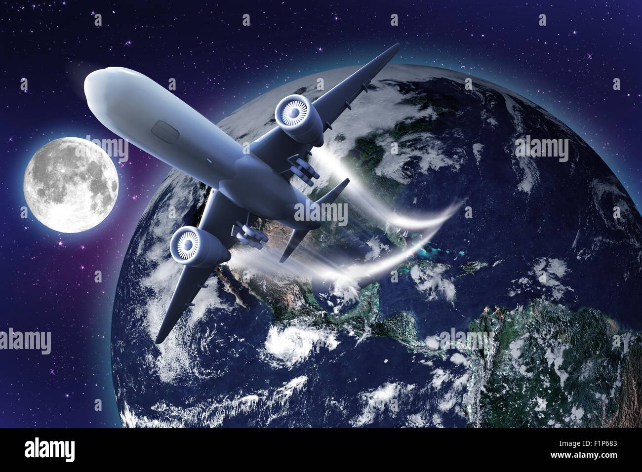 Space Flight. Abstract Illustration of Flying Airplane into the Space ...