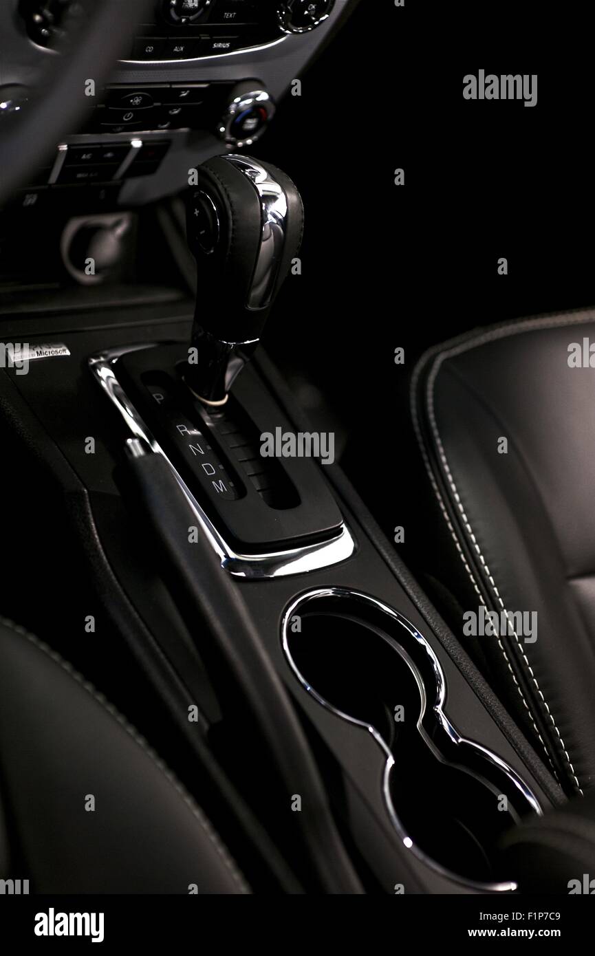 Modern Interior Car Design. Black Leather Vehicle Interior with Chrome ...
