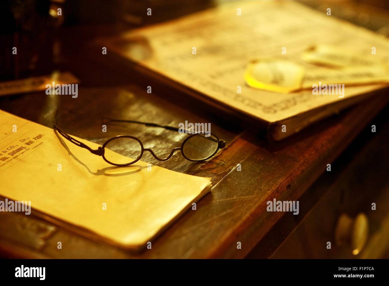 Vintage Desk - Old Wood Desk with Books and Glasses. Antique Photo ...