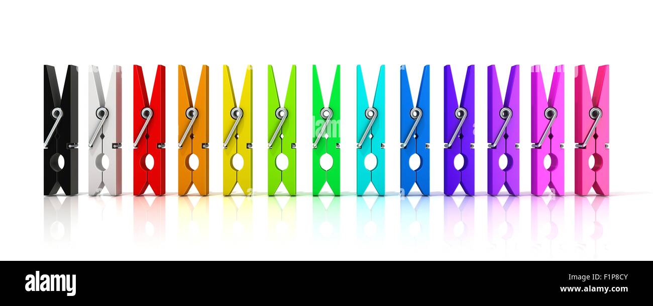 Set of colorful clothes pins. Front view isolated on white background ...