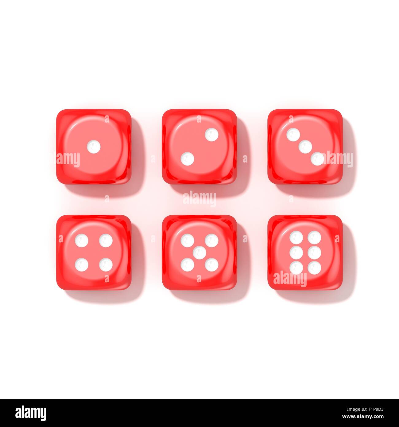 Set of red game dices, all numbers. Top view. 3D render illustration ...