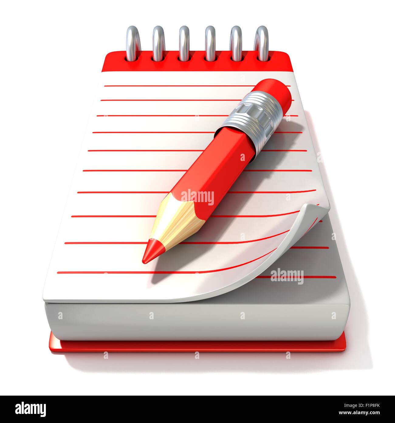 Red notepad and red pen, 3D render illustration, isolated on white ...