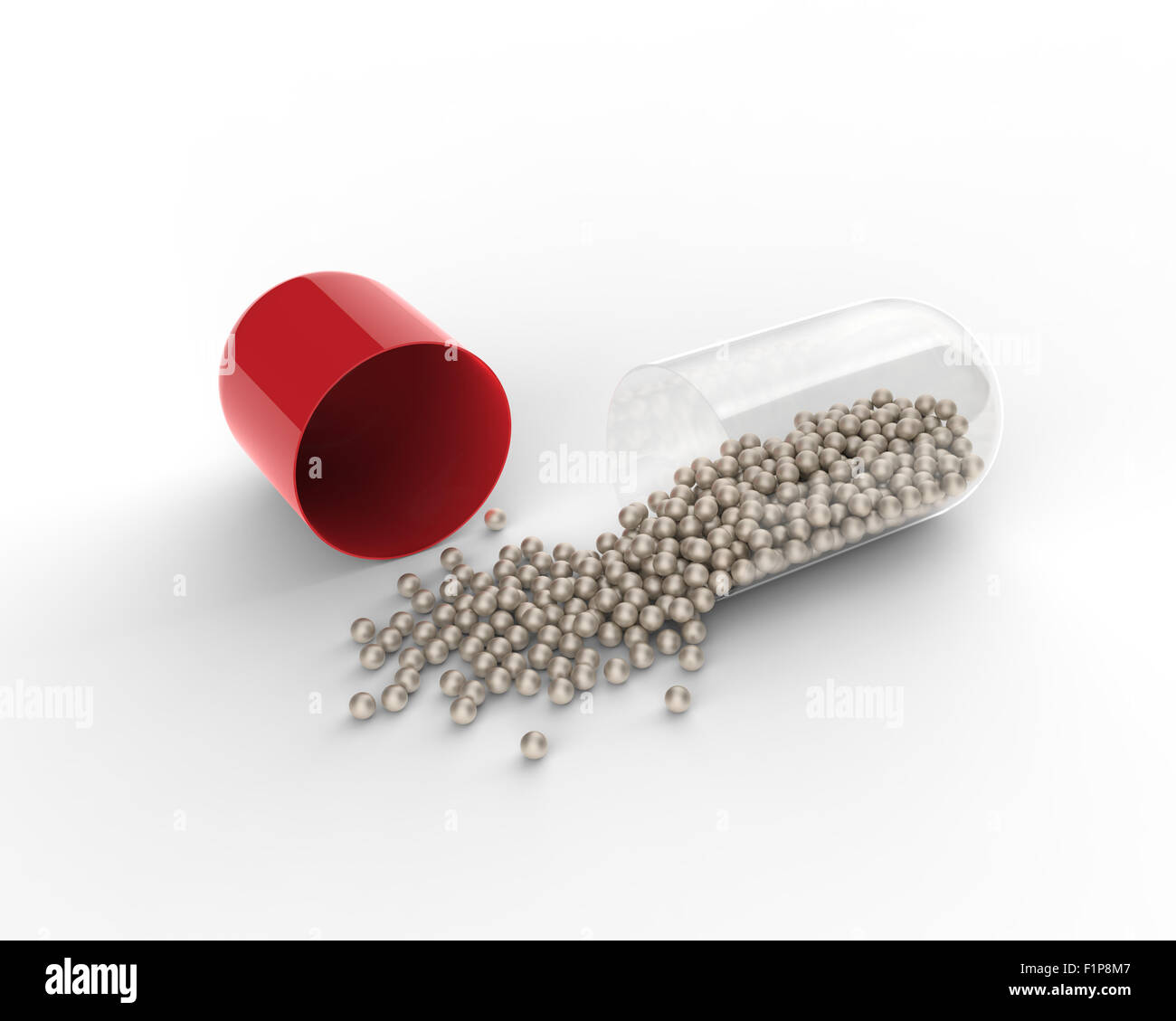 Red capsule with the granules of drugs inside 3D Stock Photo - Alamy