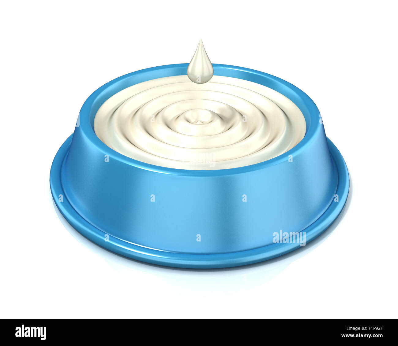 Blue cat bowl with milk, 3D render illustration, isolated on white ...