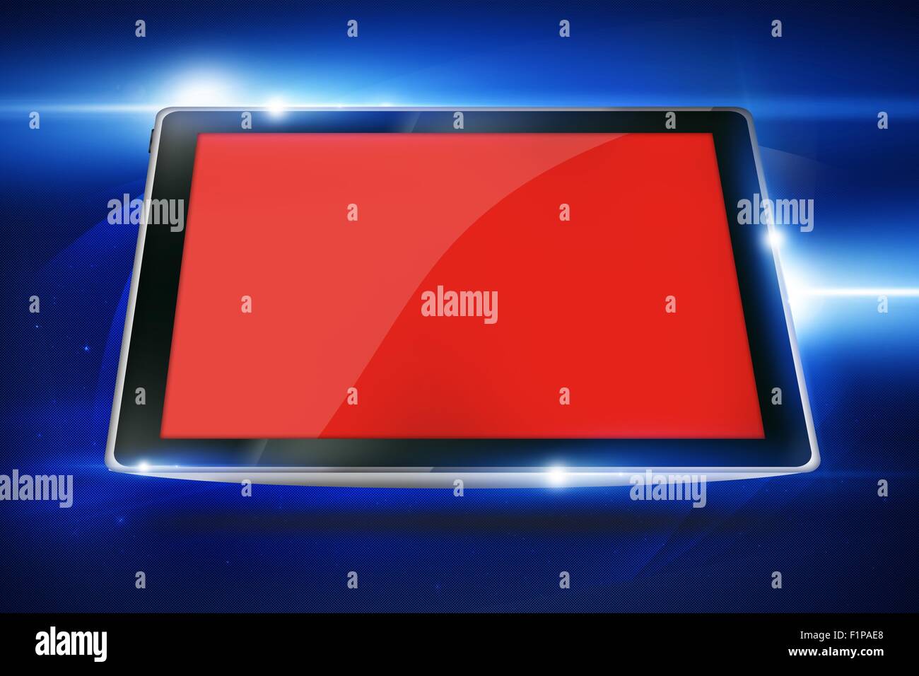 Tablet on Cool Blue Background with Light Beams. Empty Red Display ...