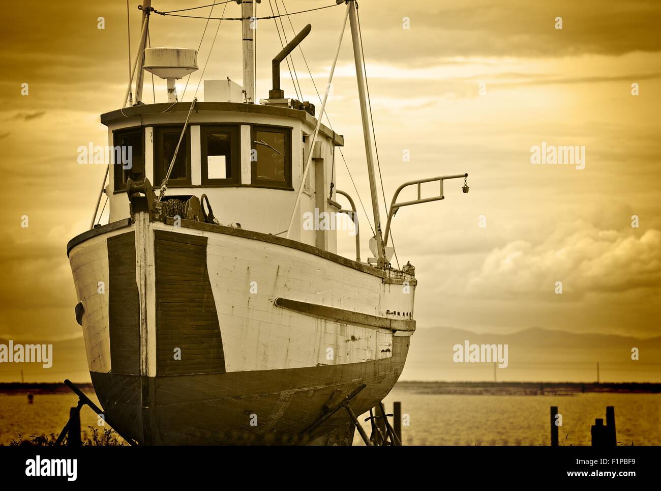 Aged Small Vessel in Dock. Sepia Theme. Fishing Industry ...