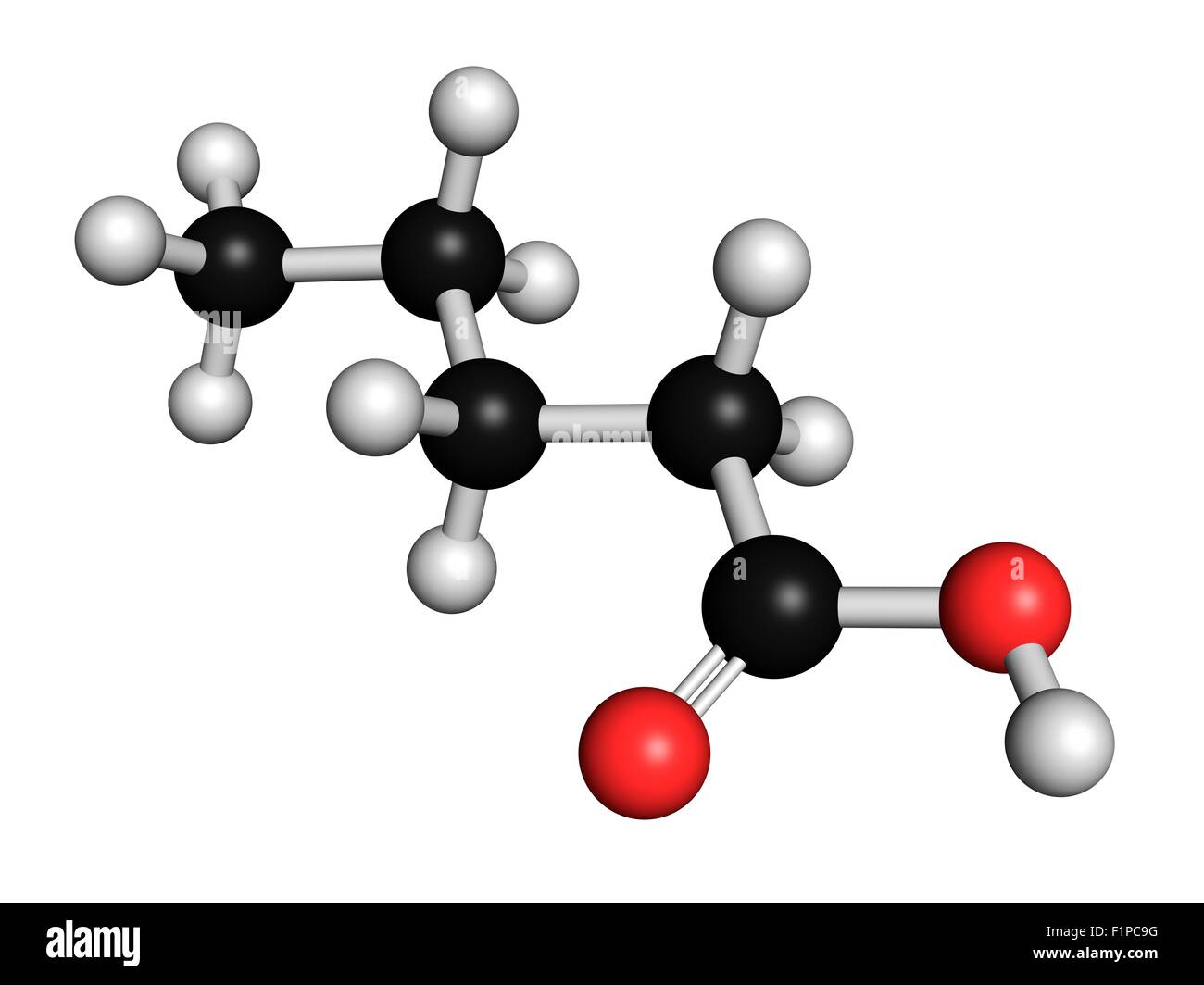Valeric acid molecule. Smelly molecule, present in the plant valerian ...