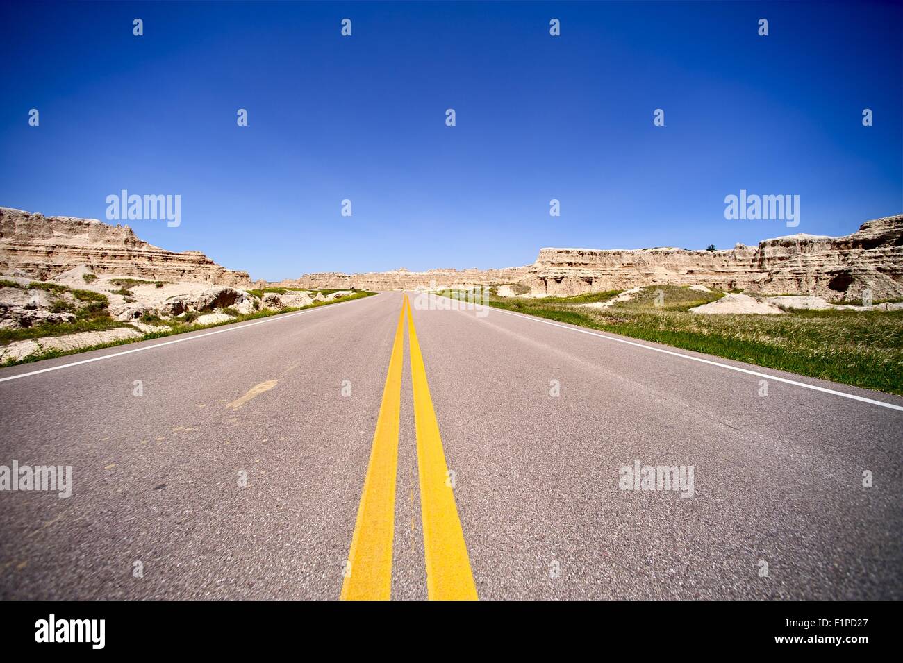 South Dakota Highway, USA. HIghway Through Badlands Landscape. Single ...
