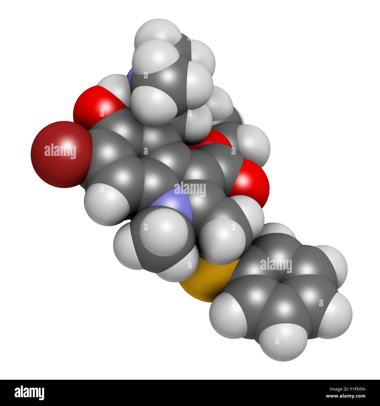 Arbidol influenza drug molecule Atoms are represented as spheres with ...