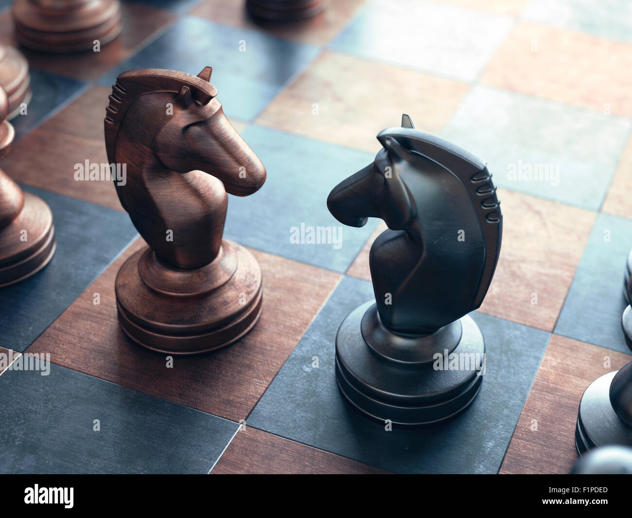 Two chess pieces on a chess board, computer illustration Stock Photo ...