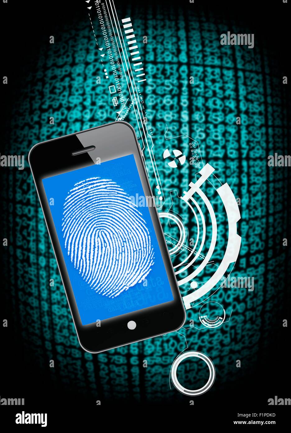 Smartphone with a fingerprint on the screen, computer illustration ...