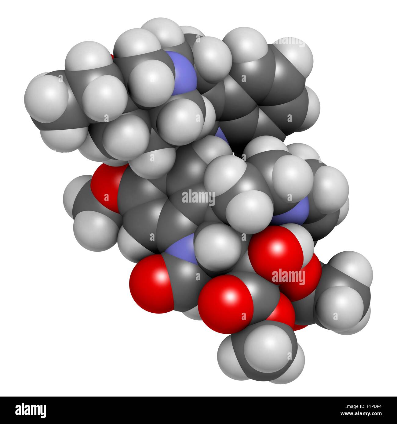 Vincrinstine cancer drug molecule (vinca alkaloid class) Atoms are ...