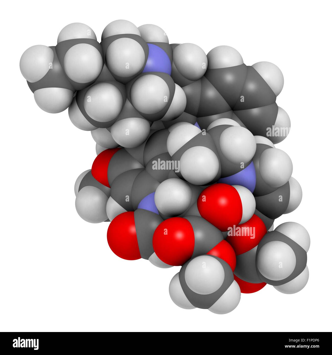 Vincrinstine cancer drug molecule (vinca alkaloid class) Atoms are ...