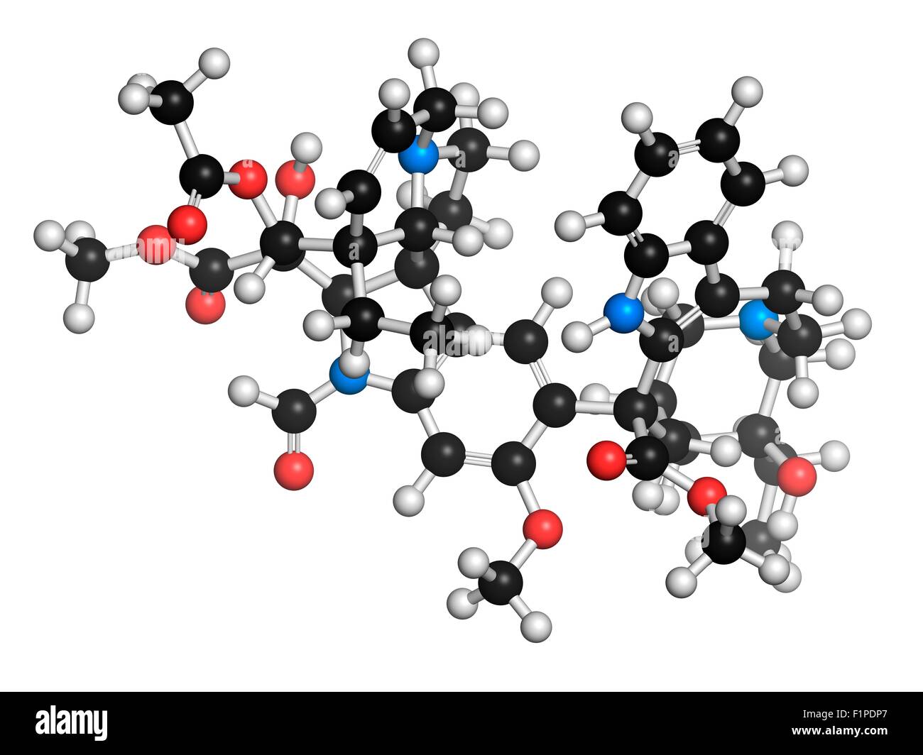 Vincrinstine cancer drug molecule (vinca alkaloid class) Atoms are ...