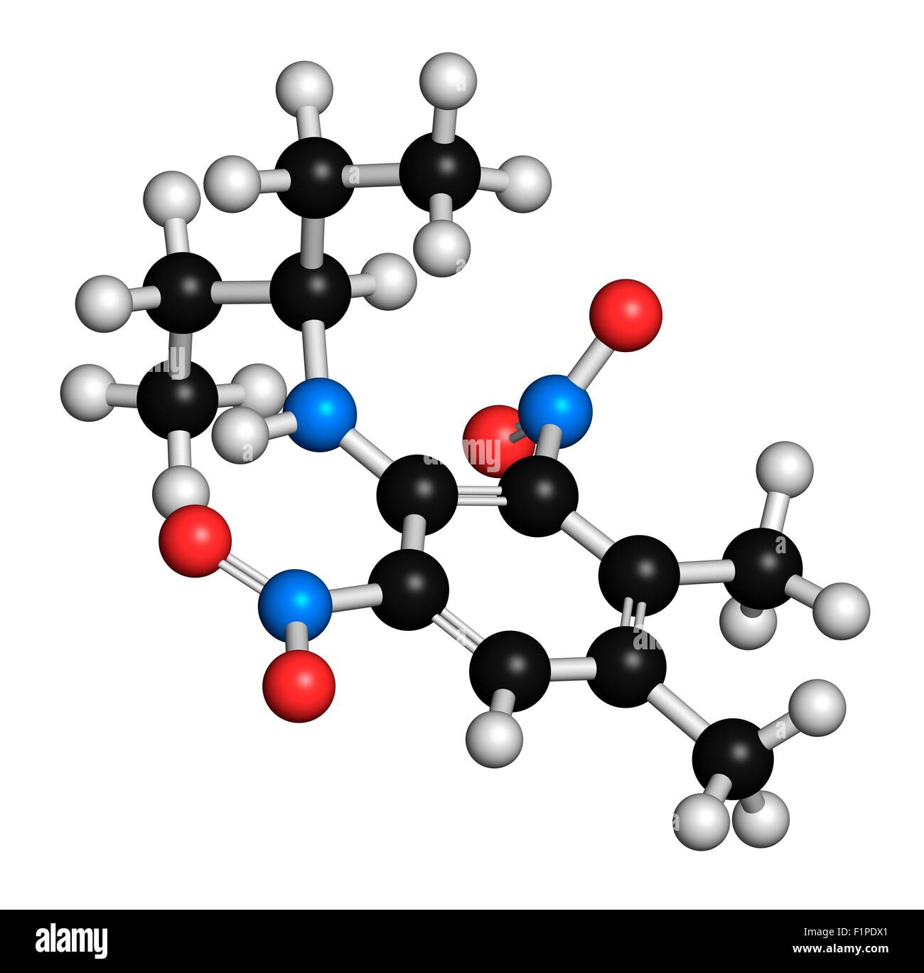 Pendimethalin herbicide molecule Atoms are represented as spheres with ...