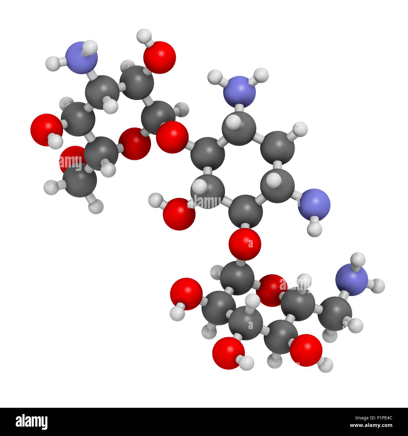 Kanamycin antibiotic drug molecule (aminoglycoside) Atoms are ...