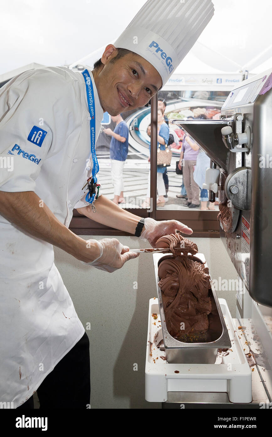 A gelato artisan chef prepares gelato ice cream during the Gelato World ...
