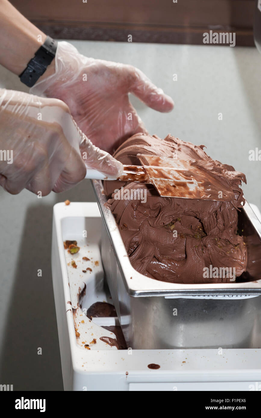A gelato artisan chef prepares gelato ice cream during the Gelato World ...