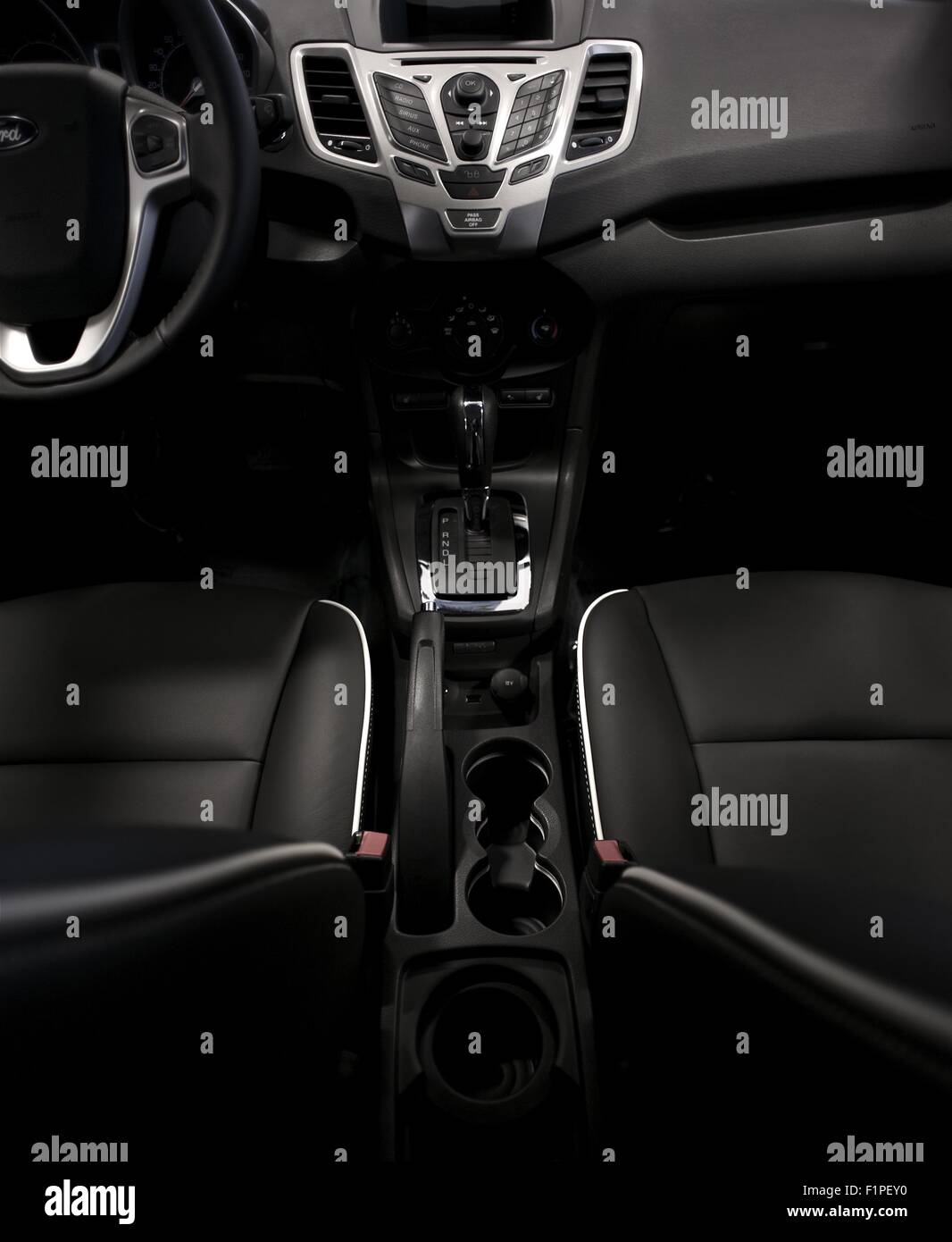 Dark Modern Vehicle Interior - Wide Angle Photography. Dark Leather ...
